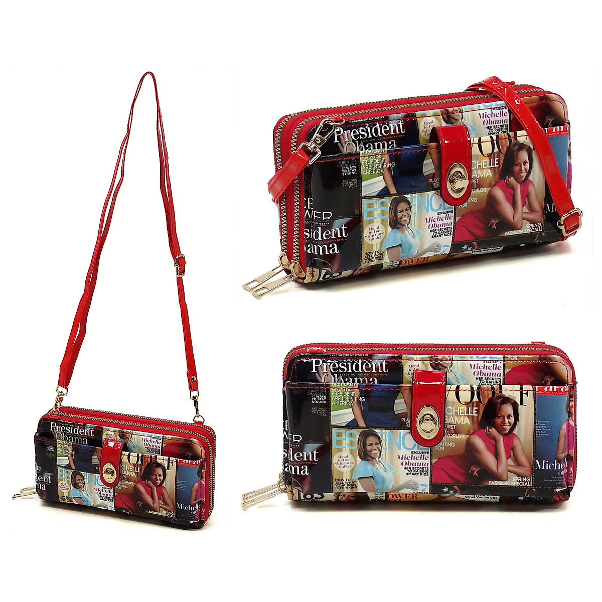 Michelle Obama Magazine Cover Collage Cell Phone Purse Wallet Smartphone Crossbody Wallet Travel Multifunction Phone Case Obama Wallet (A-Multi/Red)