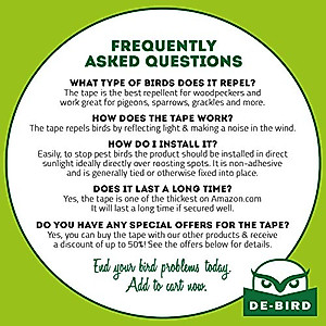 De-Bird Bundle Includes: Scare Tape - Reflective Tape and 8 pk Reflective Repellent Disks to Keep Away Woodpecker, Pigeons, and Protect Plants & Fruit Trees