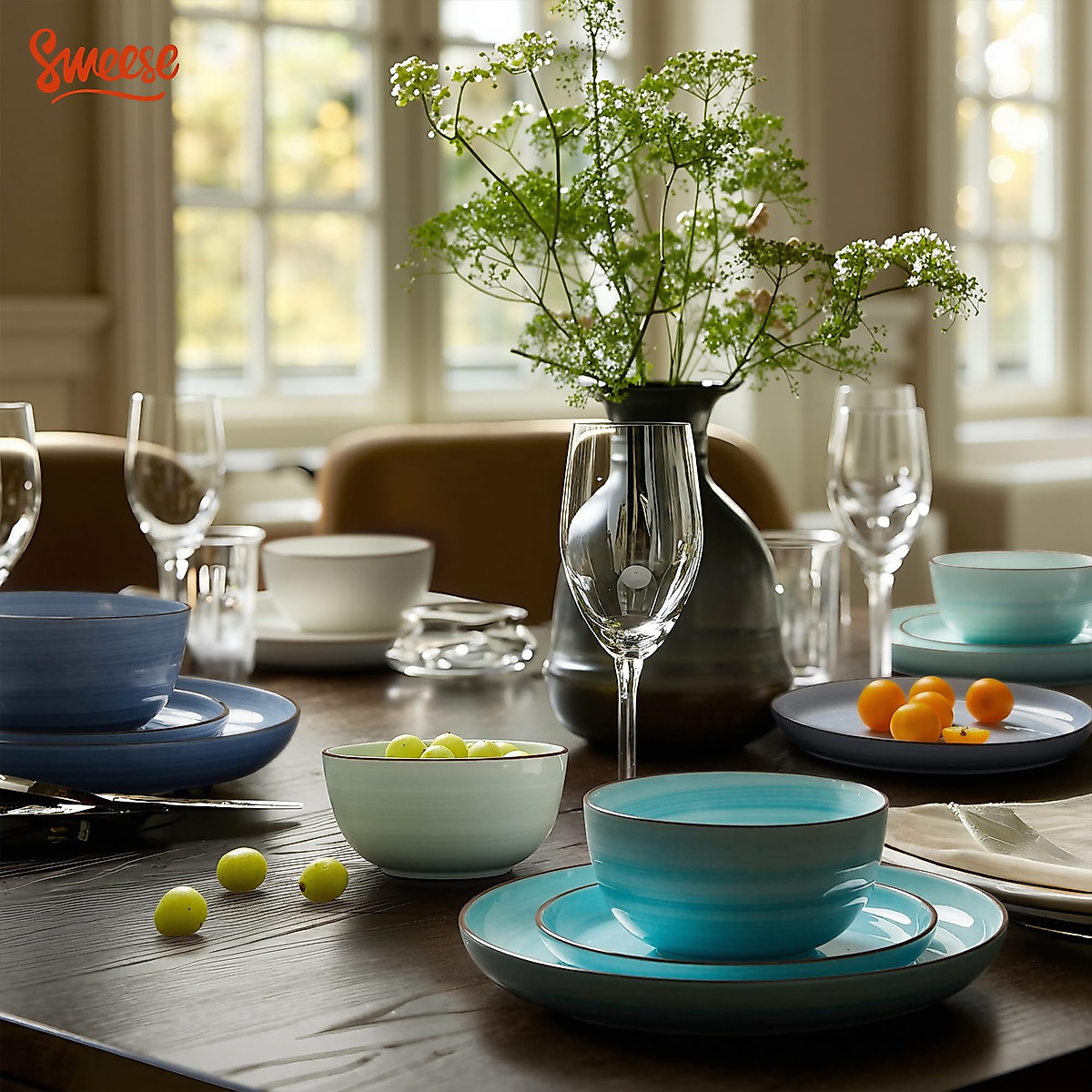 Sweese Plates and Bowls Sets, 18 Piece Dinnerware Set Porcelain Round Dinner Set for 6, Scratch Resistant Dishes Set, Dishwasher and Oven Microwave Safe Handpainted Swirl Dishware Sets, Assorted Blue