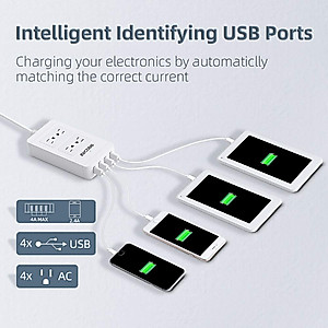 Surge Protector Power Strip with USB,4 Spaced Outlets Extension Board &4 Ports USB Charger(2.4Ax4), 6 ft Long Extension Cord, 1700J, 2500W, 100-240V, White for Home/Office/School by AICODE