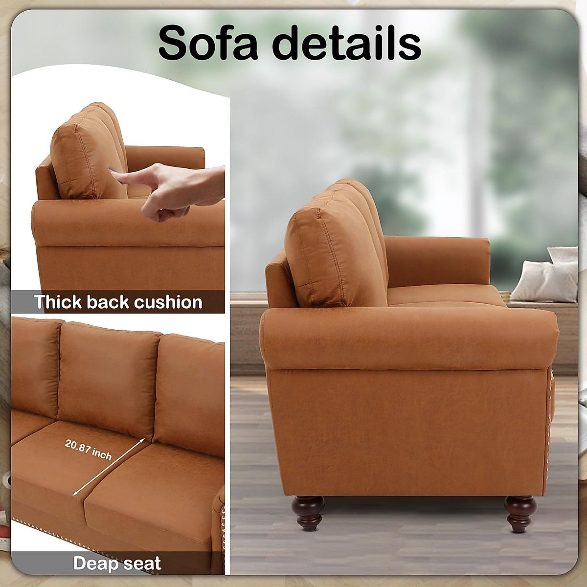 80'' Brown Leather Sofa Couch with Nailhead Trim, Mid Century Modern 3 Seater Couch Comfy Sofa Loveseat Love Seat with Extra Deep Seat and Rolled Arm Couches for Living Room, Bedroom, Office