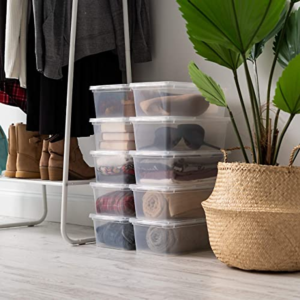 IRIS USA 6.7 Qt. Plastic Storage Container Bin with Latching Lid, 12 Pack, Stackable Nestable Shoe Box Tote Shoebox Closet Organization School Art Supplies - Clear