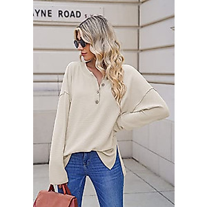 Pink Queen Women's Button Oversized Sweater Batwing Long Sleeve V Neck Henley Top Fall Pullover Knit Jumper Beige XL