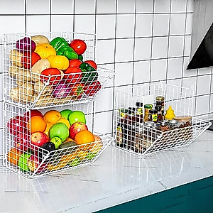 X-cosrack Metal Wire Basket Wall Mount, 3 Tier Wall Storage Basket Organizer with Hanging Hooks Chalkboards, Rustic Kitchen Fruit Produce Bin Rack Bathroom Tower Baskets (White)
