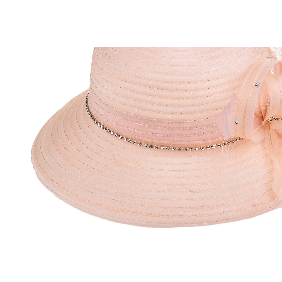 DANTIYA Women's Bowler Church Cloche Hat Bling Bing Organza Bridal Dress Cap (Pink, One Size)