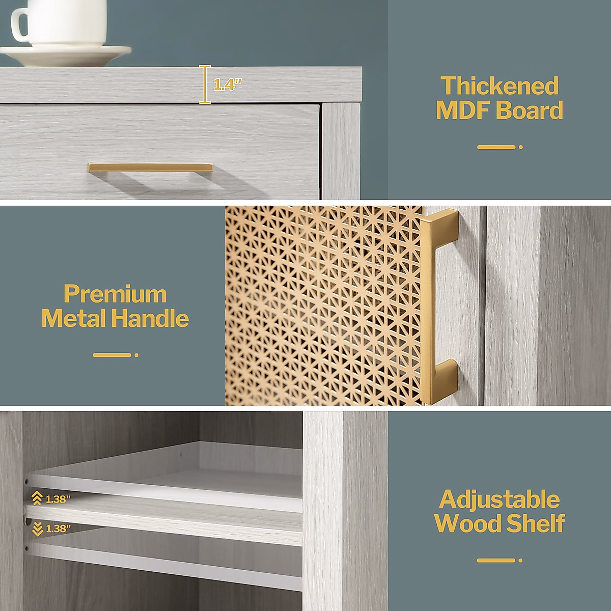 SICOTAS Tall Nightstands with Drawer, Modern Farmhouse Night Stand Wood Bedside Tables with Gold Mesh Door Adjustable Storage Shelf, Side End Table for Bedroom Living Room, Whitish-Gray Oak