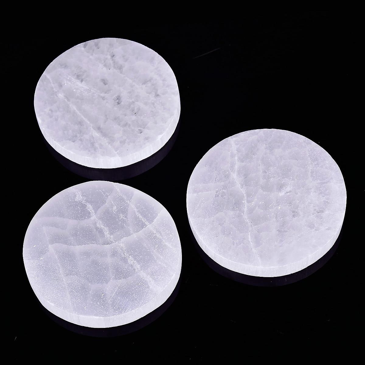 CNYANFEI 3pcs Selenite Charging Plates 4” Satin Spar Crystal Tray Natural Selenite Stone Coasters Circle Gemstone Slab Bulk