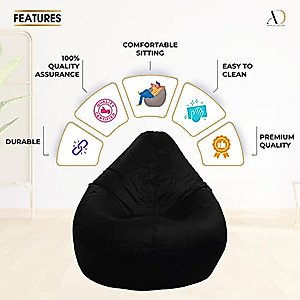 Ample Decor Bean Bag Cover (No Filling), Plush Toys Storage Soft Leatherette, Water Resistant, Durable Construction Sturdy Zipper, Ideal for Teenagers, Kids - Black