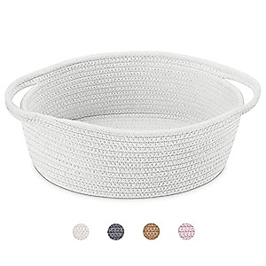 ABenkle Small Woven Basket, 12"x 8" x 5" Cute Small Basket, Rope Room Shelf Storage Basket, Cat Dog Toys Basket Chest Box, Empty Decorative Gift Basket with Handles - White