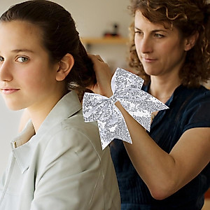 2 PCS 7" Large Glitter Cheer Bows Sequin Cheer Hair Bow Ties with Elastic Shiny Hair Bows Ponytail Holder Handmade for Cheerleader Girls Softball Sports Hair Accessories for Teens Kids(Silver)