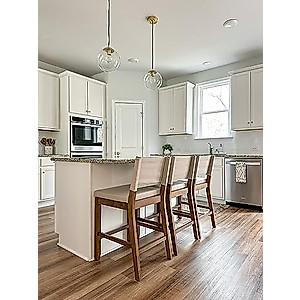 Nathan James Linus Modern Upholstered Counter Height Bar Stool with Back and Solid Rubberwood Legs in a Dark Brown Wood, Natural Light Grey/Brown, Set of 4