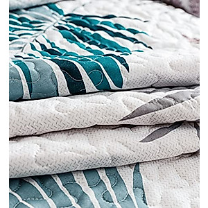 DURLENGEN Floral Quilt Set Queen Size 3Pcs, Teal & Khaki Leaves Printed on White, All Season Lightweight Coverlet Sets(Queen 90x96, Botanical Teal)
