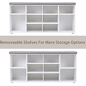 DINZI LVJ Shoe Storage Bench with Cushion, Cubby Shoe Rack with 12 Cubbies, Adjustable Shelves, Multifunctional Shoe Organizer Bench for Entryway, Mudroom, Hallway, Closet and Garage, White