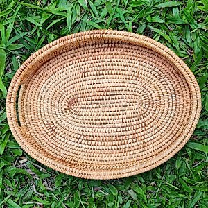 14 Inch Oval Rattan Storage Baskets Serving Tray with Handles and Raised Side Coffee Table Tray Decor M Browm