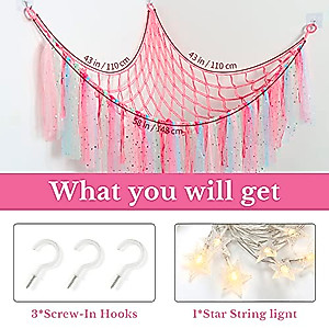 Dremisland Stuffed Animals Storage with Fairy Lights Toy Hammock Hanging Stuffed Animal Storage Organizer Holder with Lace Tassels for Nursery Play Room, Kids Bedroom (Pink)