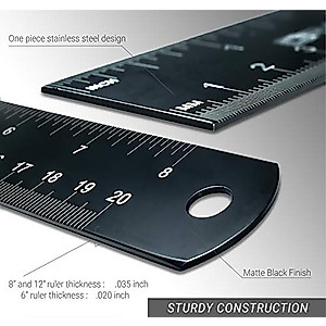 Steel Black Metal Ruler Set - 12, 8, 6 Inch Measuring Kit - Straight Edge Drafting Tool for Architects, Engineers, Crafts, Woodworking - Imperial and Metric Graduations - Protective Pouch Included