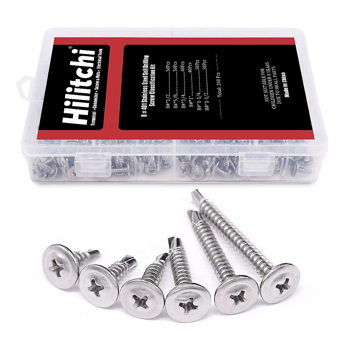 Hilitchi 410 Stainless Steel Wafer Head Phillips Self Drilling Screws Sheet Metal Tek Screws Assortment Kit, Modified Truss Head Self Driller - Size: #8 x 1/2" ~ #8 x 1-1/2" (Pack of 240)