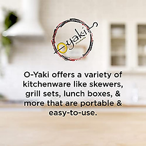 Flat Metal Kabob Skewers for Grilling - 8" BBQ Skewers Stainless Steel with Storage Bag - Set of 9 Dishwasher Safe Flat Metal Skewer Set for Grilling with Hook Handle & Sharp Tip by O-Yaki