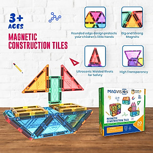 MagVision 20-Piece Magnetic Building Tiles Set, Stem Magnetic Building Blocks, Extra Strong and Safe Magnets, Stem Toys, Magnetic Blocks, Educational Toys for Children Ages 3+ Years
