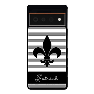 Fleur De Lis Black White Personalized Black Rubber Phone Case Compatible With Google Pixel 8 Pro, 8a, 8, 7a, 7, Pixel 7 Pro, 6a, Pixel 6 Pro, 6, 5, 4a 5G, 4a 4G, 4, 4 XL, 3a, 3a XL, 3, 3 XL, 2 XL