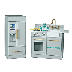 Teamson Kids Little Chef Charlotte Modern Modular Interactive Wooden Play Kitchen with Refrigerator, Stove and Sink in Gray with Gold Accents