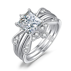 JewelryPalace Vintage Princess Cut 2ct CZ Solitaire Engagement Ring for Women, Classic 14K White Gold 925 Sterling Silver Promise Ring for her, Crown Enhancer Wedding Band Ring Bridal Sets 7