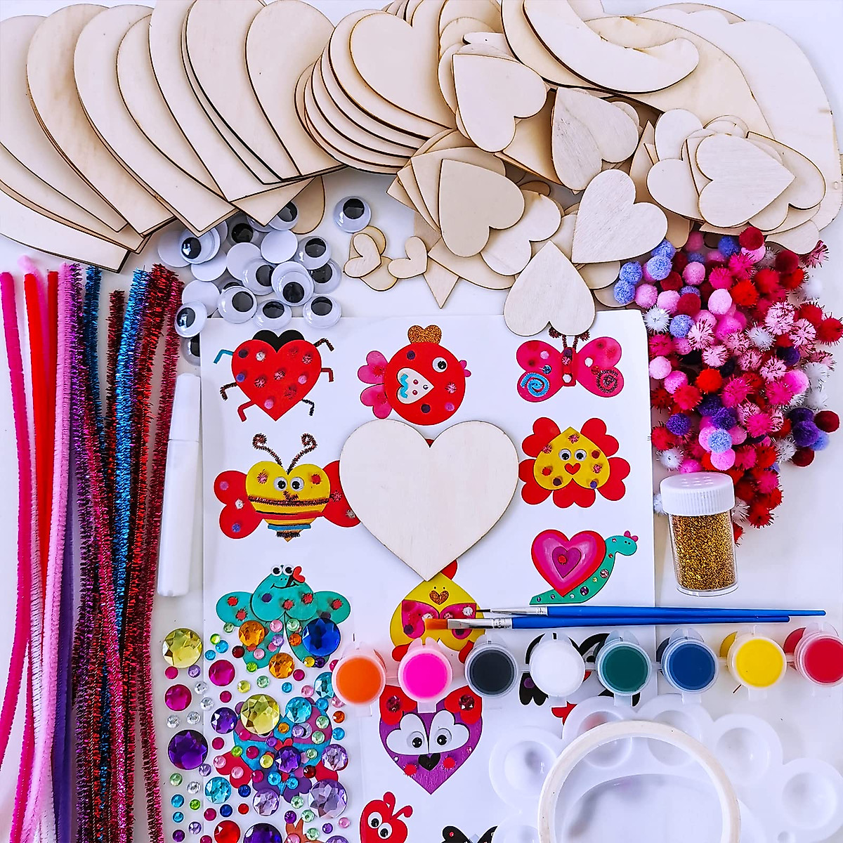 17 Sets Valentine Wood Painting Craft Kits Wooden Heart Animal Ornaments Art Sets DIY Wood Heart Dog Cat Butterfly Fish Bee Owl Dog Llama Creativity Decorations for Kids Valentine Spring Party Favors