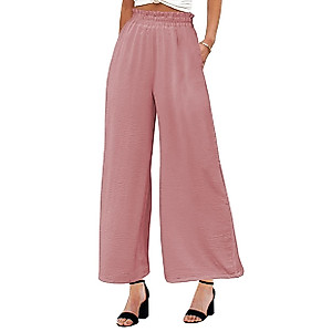 MAYFASEY Linen Pants for Women Wide Leg Casual Stretchy Palazzo Pants Office Capris Elastic Waist Loose Fitting Lounge Yoga Trousers with Pockets Pink 3XL