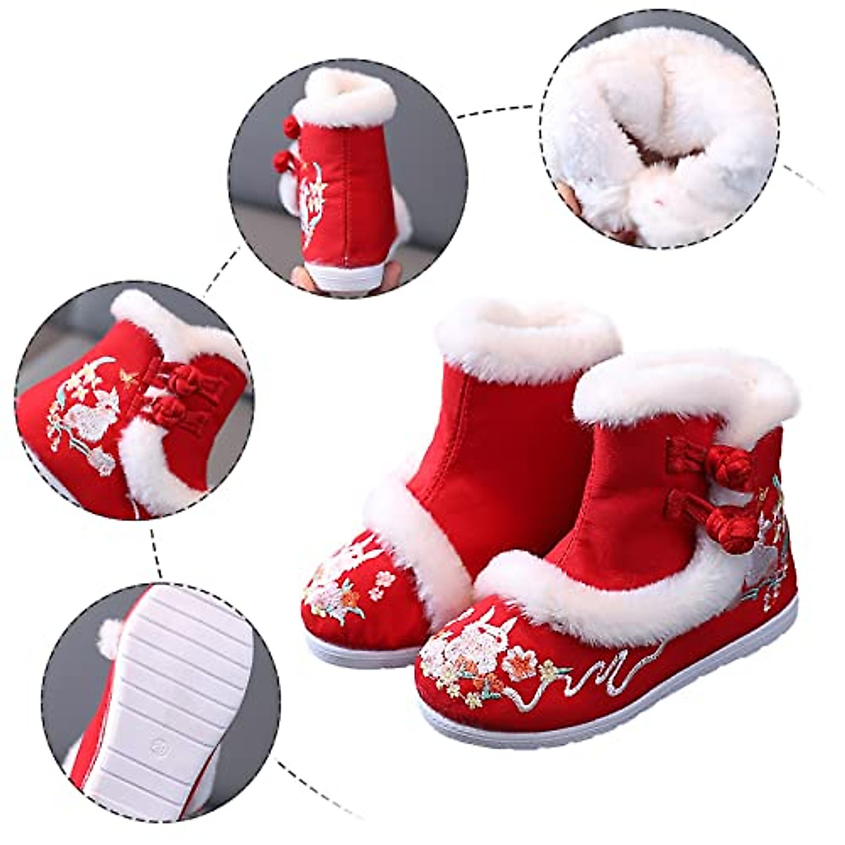 Toddler Gilrs Cloth Shoes Rubber Sole Warm Winter Snow Boots Embroidery Print Cotton Boots Speak Boots (Red, 4-4.5 Years Little Child)