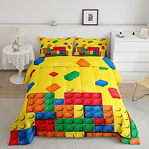Feelyou Building Block Print Comforter Set Twin Size Kids Brick Styles Comforter for Boys Teens Colorful Bedding Set Breathable Gaming Yellow Duvet Set Room Decor Quilt Set