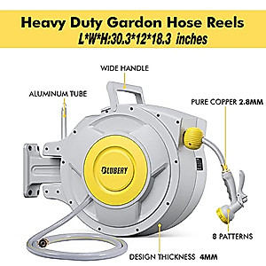 Heavy Duty hose Reel, 5/8"×100 FT Retractable Garden Hose Reel Wall Mount with 8 Pattern Hose Nozzle/Auto Rewind/Any Length Lock/180°Swivel Bracket