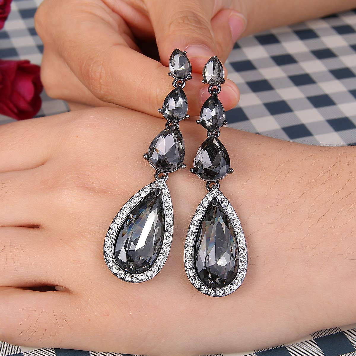 BriLove Wedding Bridal Dangle Earrings for Women Elegant Multi Teardrop Long Chandelier Earrings Grey Black-Silver-Tone