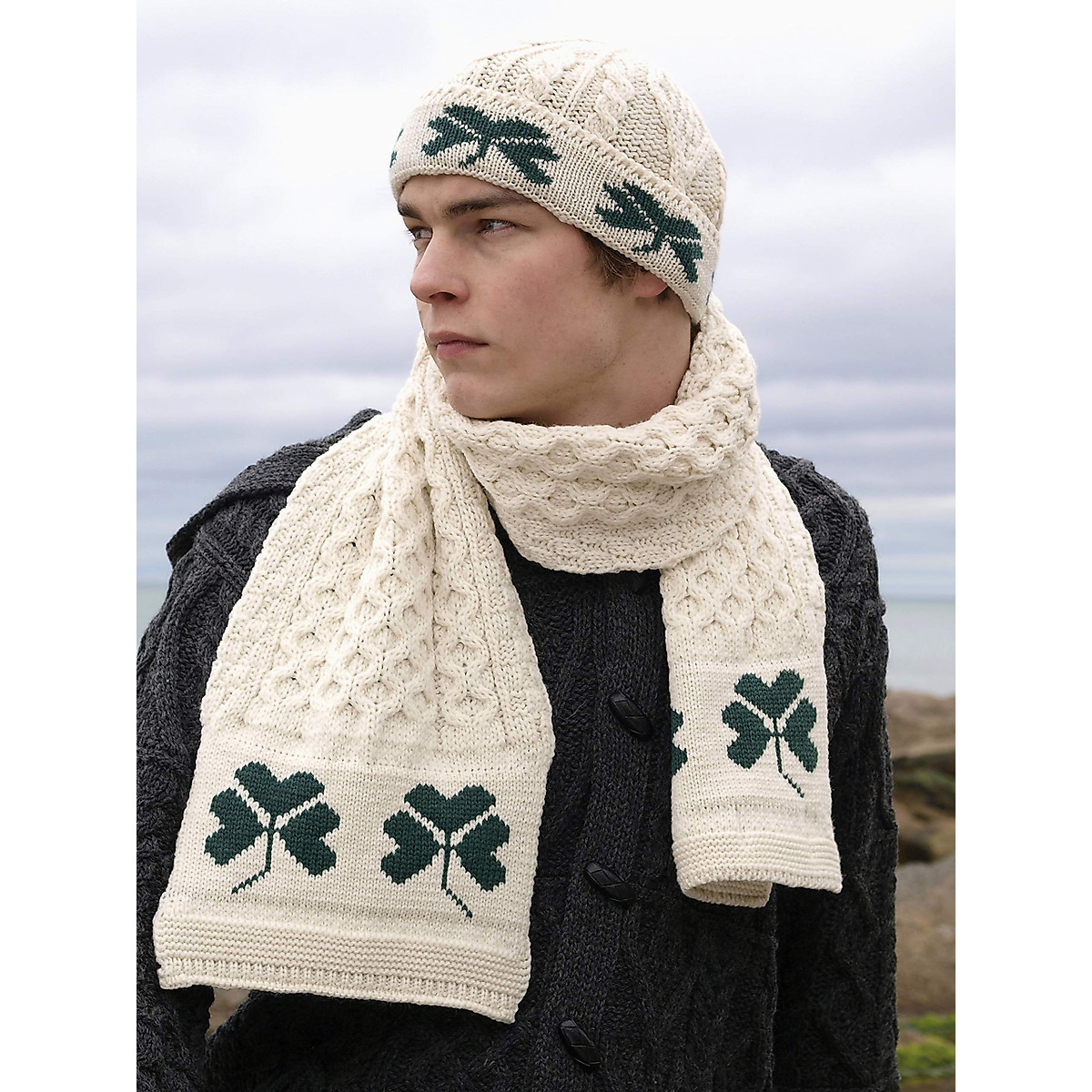Aran Crafts Irish Shamrock Soft Cable Knitted Scarf 9"x60" (100% Merino Wool)