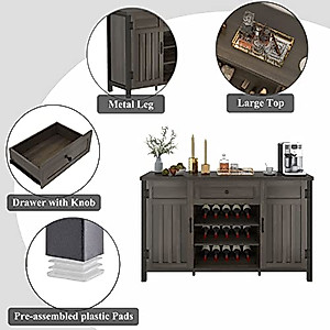 FATORRI Industrial Coffee Bar Cabinet with Wine Rack, Wood Buffet and Sideboard with Storage Cabinet, Rustic Credenza Cupboard for Kitchen Dining Room (55.12 Inch, Walnut Brown)