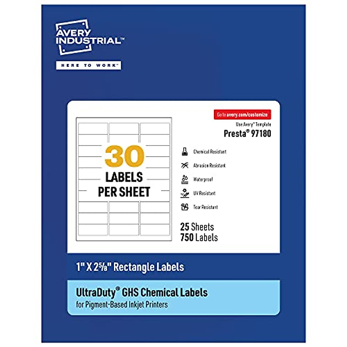 Avery UltraDuty GHS Labels, Waterproof, 1 X 2-5/8 Inch Rectangle Labels, Pack of 750 White Labels for Use with Pigment Inkjet Printers