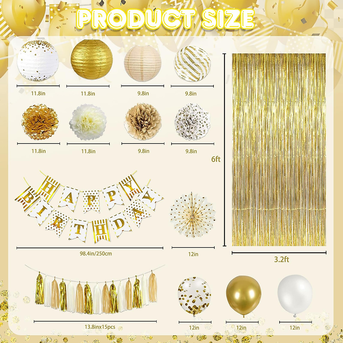 Gold Birthday Decorations Happy Birthday Party Decorations Set with Gold Birthday Banner, Gold White Yellow Balloons Paper Pom Poms, Gold Tassel Garland for Women Grils Kids Birthday Party Supplies