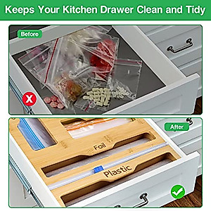 Creatart Bamboo Foil and Plastic Wrap Dispenser with Cutter 6 in 1 Ziplock Bag Storage Organizer for Drawer 12" Food Storage Bag Organizer for Gallon, Quart, Sandwich and Snack