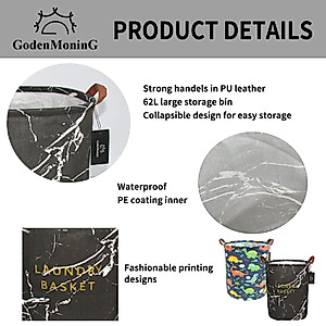 Collapsible Laundry Basket,GodenMoninG 2X 62.8L Large Sized Round Waterproof Storage Bin with Leather Handles,Toy Organizer,Children Nursery Hamper.（2 PACKS，Black Marbling & Blue Dinosaurs）