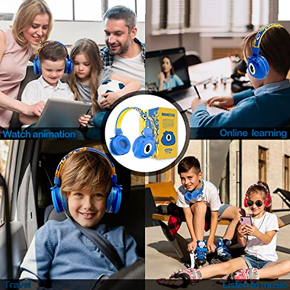 Kids Cartoon Headphones,Wireless Headset for thechildren,Jellie Monsters Joint Bluetooth Headphones,Foldable Stereo Headphone,FM,with Volume Limited and mic,TF Card Compatible for iPad/iPhone/Tablet