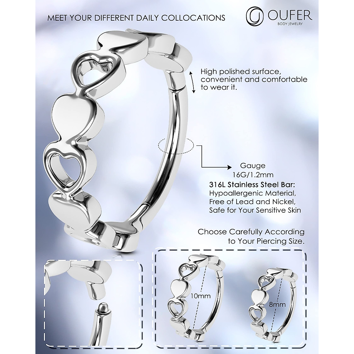 OUFER 16G Helix Earring Hoops, 316L Stainless Steel Helix Piercing Jewelry, Heart-Shaped Design Cartilage Earrings, Conch Daith Lobe Piercing Jewelry For Women And Men-10MM