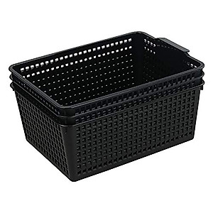 Leendines Plastic Storage Baskets, 3 Packs Plastic Black Organizer Bin