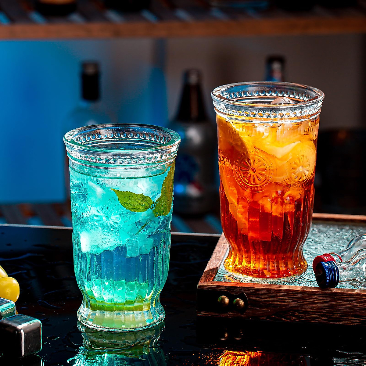 Claplante Vintage Drinking Glasses, 8 pcs Embossed Designed Highball Glasses, 16oz Glass Cups, Tall Water Glass Tumbler, Mojito Cup, Cocktail Glass, Vintage Glassware Set for Juice, Cocktail, Whiskey