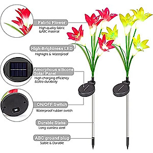 BASIWEI Outdoor Solar Garden Stake Lights, 2 Pack Solar Garden Lights with 8 Lily Flower, Waterproof Solar Powered Fairy Lights for Outdoor, Garden, Patio, Backyard(Yellow and Red)