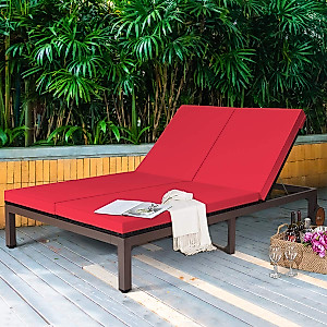 Tangkula 2-Person Patio Lounge Chair, Outdoor Rattan Double Wicker Daybed Chaise Lounge Chair with Adjustable Backrest Wheels & Cushion, Patio Sofa for Garden Lawn Backyard (Red)