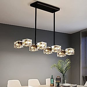 OKES Black Chandelier,Crystal Pendant Lights Fixture with 8-Lights,Modern Cube lamp Shade Hanging Ceiling Light for Dining Room,Kitchen Island,Bedroom,Living Room