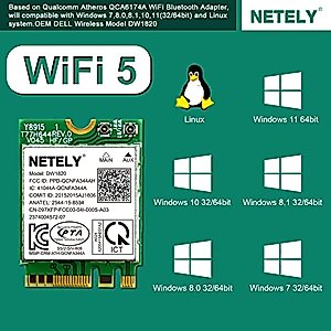 NETELY IEEE 802.11AC NGFF M2 Interface 1200Mbps Dual Band WiFi Adapter for Laptop PCs, NGFF M2 WiFi Card with Bluetooth 4.2, OEM DELL Wireless Network Adapter DW1820