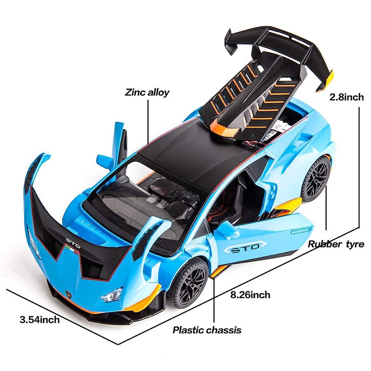 WAKAKAC Model Car 1/24 Scale Compatible for Lambo Huracan STO Die-cast Toy Vehicle Pull Back with Light and Sound Toy Car Door Can be Open (Blue)