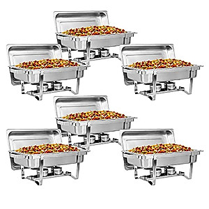 SUPER DEAL 8 Qt Stainless Steel 6 Pack Full Size Chafer Dish w/Water Pan, Food Pan, Fuel Holder and Lid For Buffet/Weddings/Parties/Banquets/Catering Events (6)