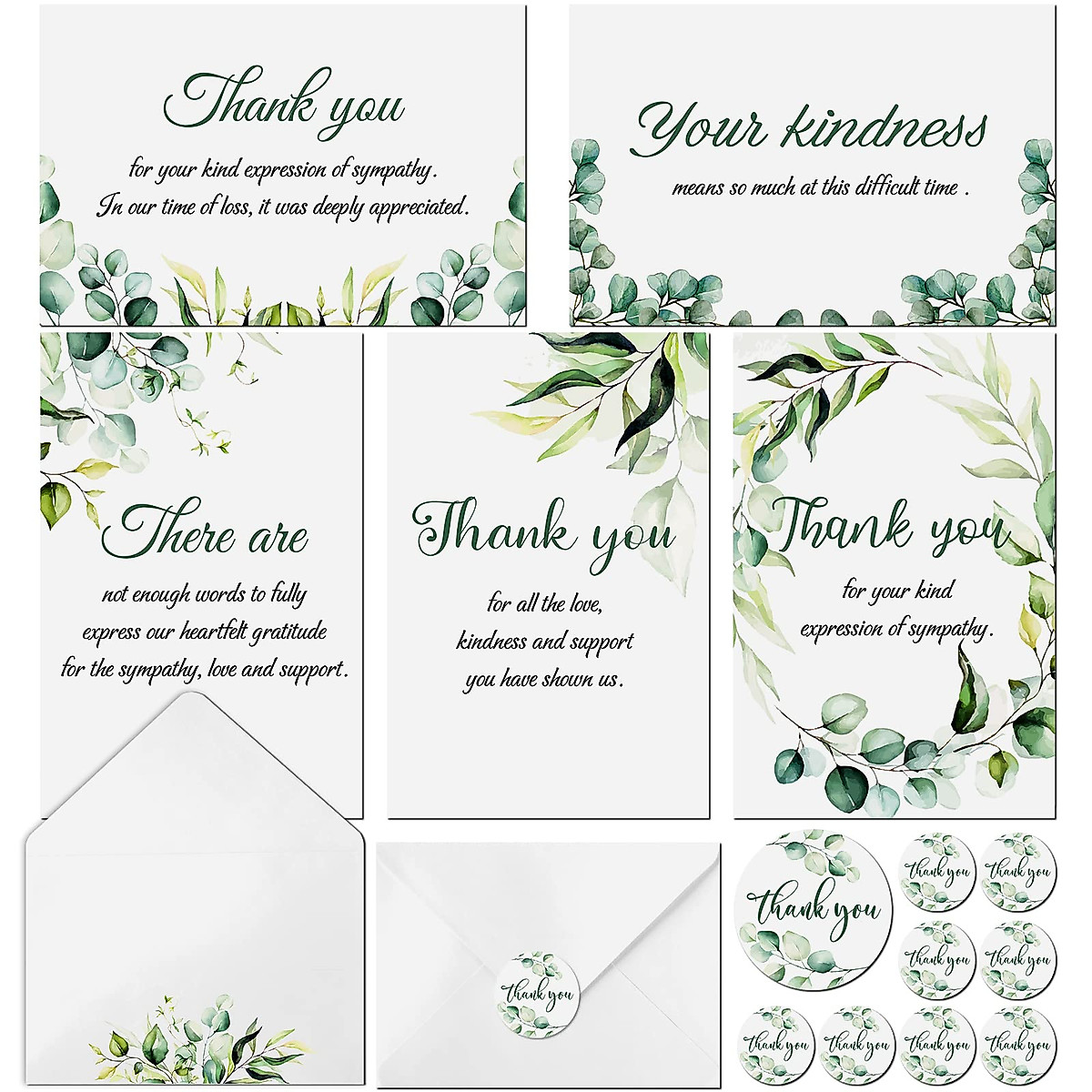 Jetec 100 Pack Thank You Cards with Envelopes Stickers Bulk Greeting Watercolor Cards for Family Loved Ones Wishes Holiday Celebration(Funeral)