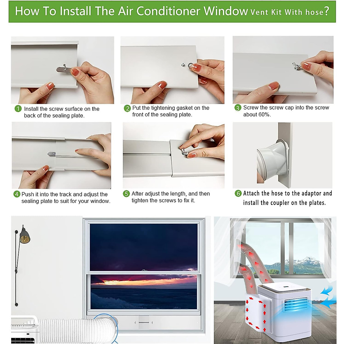 Portable AC Window Vent Kit, Adjustable Vertical/Horizontal Sliding Window Kit Plate for AC Unit, AC Window Vent Kit, AC Window Seal With 5.9 Inch Diameter, 59 Inch Length Exhaust Hose